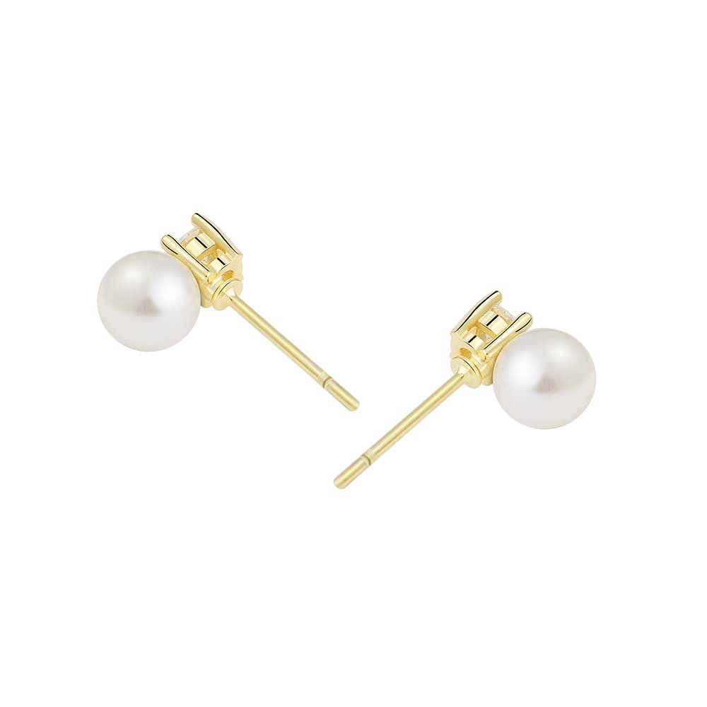 Magna Bijoux 14k Gold Plated Brass Pearl Stud Earrings with CZ Top (6mm Pearl, Gold)