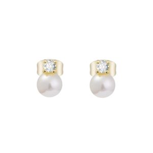 Magna Bijoux 14k Gold Plated Brass Pearl Stud Earrings with CZ Top (6mm Pearl, Gold)