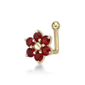 lavari jewelers 20 gauge red swarovski crystals 6 petal flower l-shape nose stud in 14k yellow gold 3.5 mm 20g