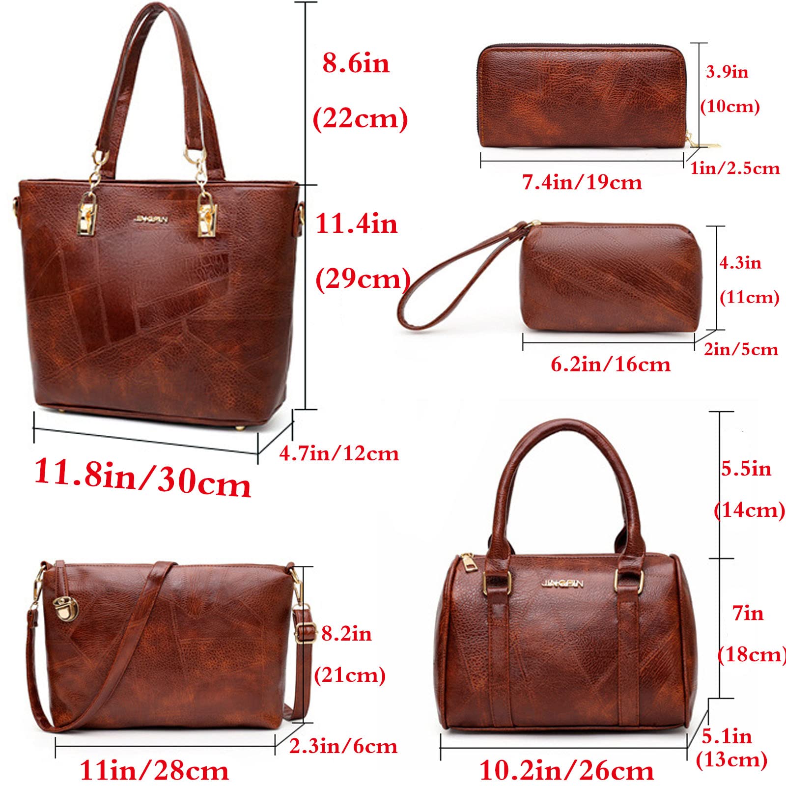 AlwaySky Women 6PCS Handbag and Purse Set Hobo Tote Satchels Shoulder Bag Clutch Wallet Brown