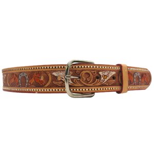 needzo painted horse decorative leather belt, intricate carved floral designs, western cowboy apparel for men and women, utility tool belts, country themed wild west gifts, made in mexico, size 36