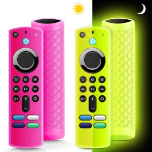 (2 pack) fire stick remote cover 3rd gen with alexa voice remote,fire tv remote cover glow in the dark, anti slip silicone protective case with lanyard(glow yellow&not glow rose red)