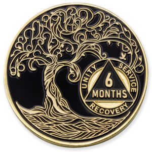 6 months sobriety mint twisted tree of life gold plated aa recovery medallion/chip/token - black