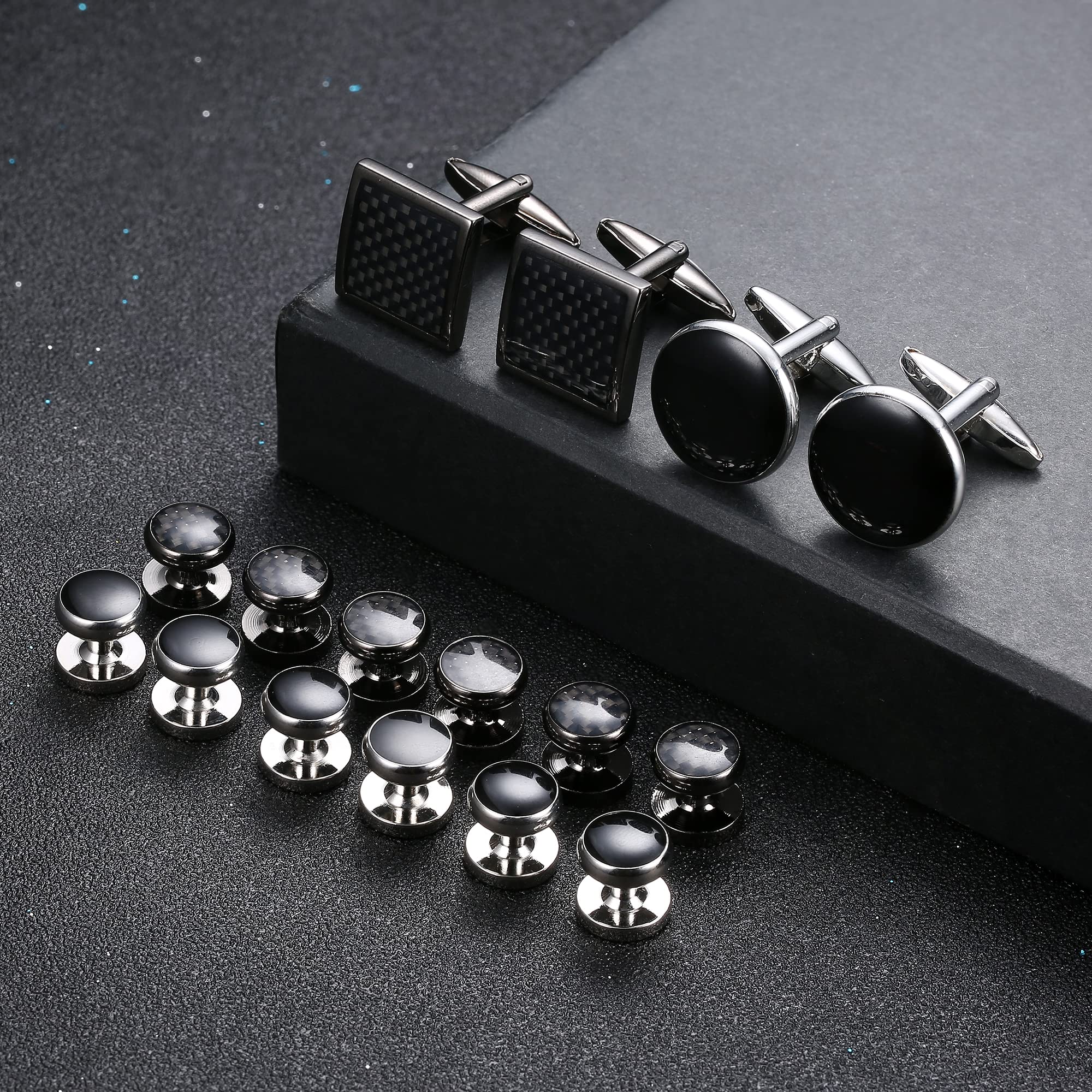 RnBLM JEWELRY 16 Pcs Cufflinks and Studs Set for Men Classic Tuxedo Shirt Cufflinks & Shirt Accessories Black&Silver Match for Business Wedding Formal Suit