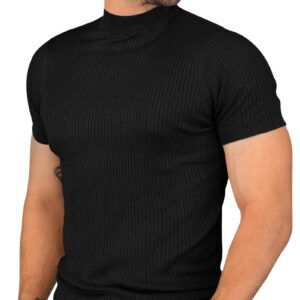 Mens Casual Slim Fit Basic Tops Short Sleeve Shirt Turtleneck T Shirts Rib Knitted Stretch Pullover Sweater