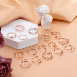 ZOERAY 16 Pcs Adjustable Rings for Teen Girls Arrow Knot Heart Wave Rings Knuckle Stacking Rings for Women Open Rings Set