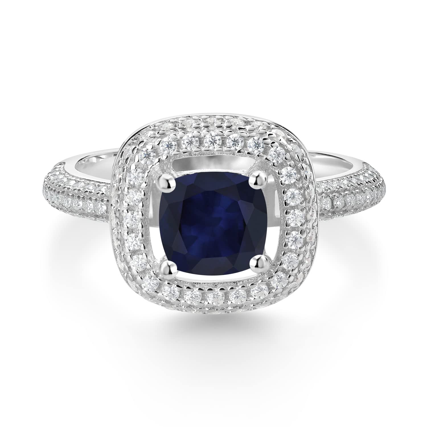 Gem Stone King 925 Sterling Silver Blue Sapphire and White Moissanite Engagement Ring For Women (1.93 Cttw, Cushion 6MM, Gemstone September Birthstone, Available In Size 5, 6, 7, 8, 9)