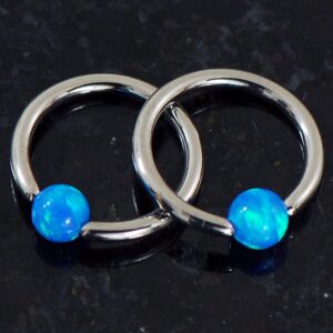 Pair 2 Pc 16g 1/4" (6mm) Diameter Opal Ball Captive Rings Tragus, Lip 3 Color - Blue