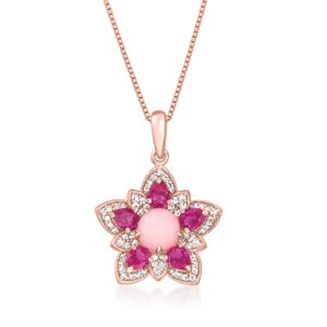 ross-simons pink opal, 1.10 ct. t.w. rhodolite garnet and .30 ct. t.w. white zircon flower pendant necklace in 18kt rose gold over sterling. 18 inches