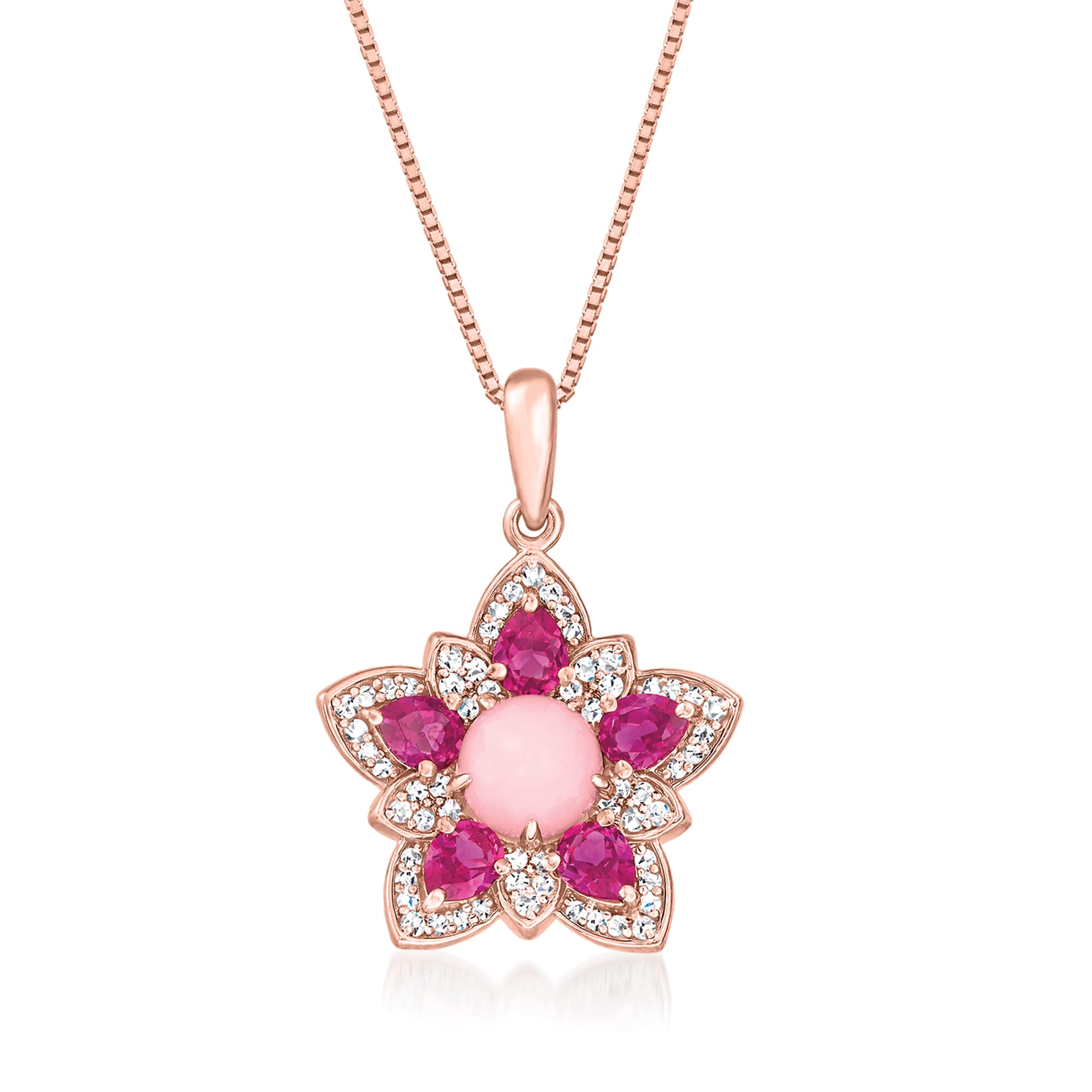 Ross-Simons Pink Opal, 1.10 ct. t.w. Rhodolite Garnet and .30 ct. t.w. White Zircon Flower Pendant Necklace in 18kt Rose Gold Over Sterling. 18 inches