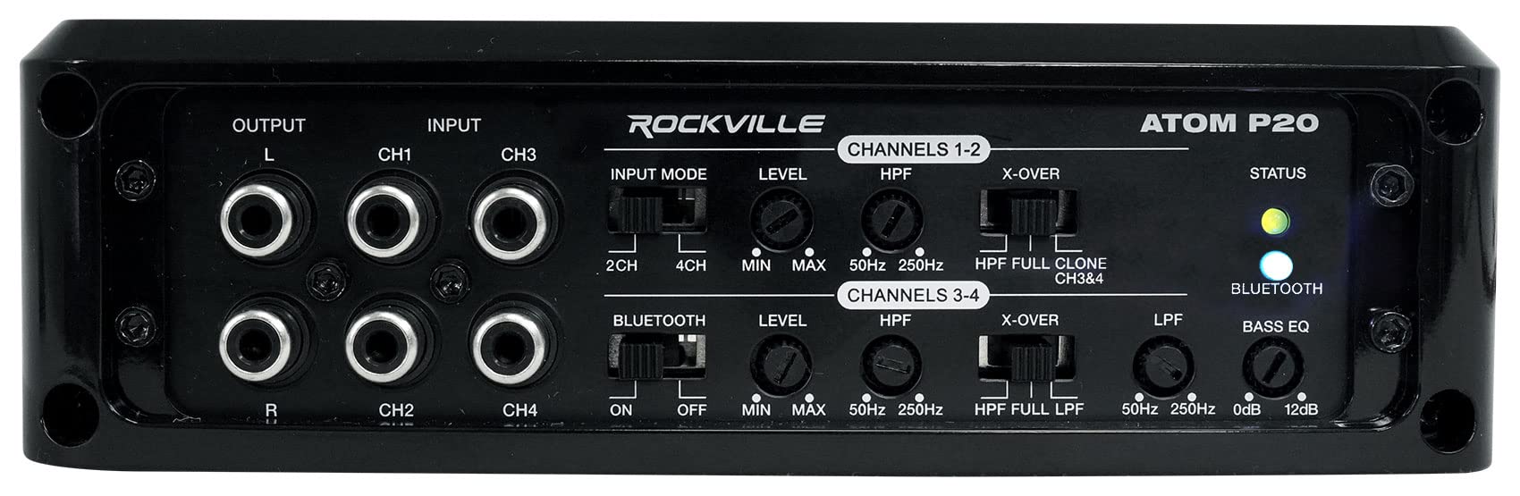 Rockville Atom P20 Marine/ATV/Car Bluetooth Amplifier 1600w Peak/440w RMS 4 Channel w/Volt Meter, Black