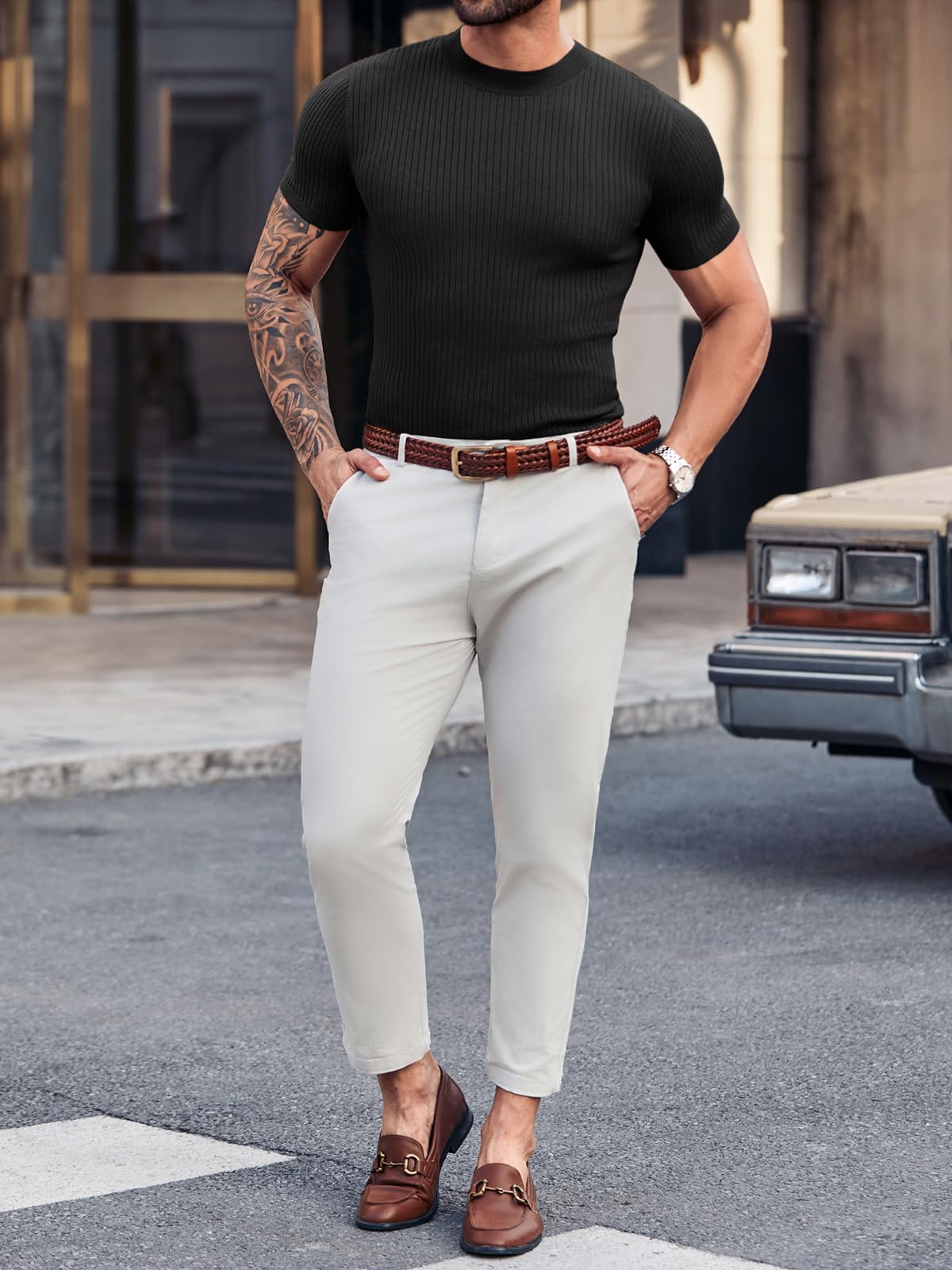 Mens Casual Slim Fit Basic Tops Short Sleeve Shirt Turtleneck T Shirts Rib Knitted Stretch Pullover Sweater