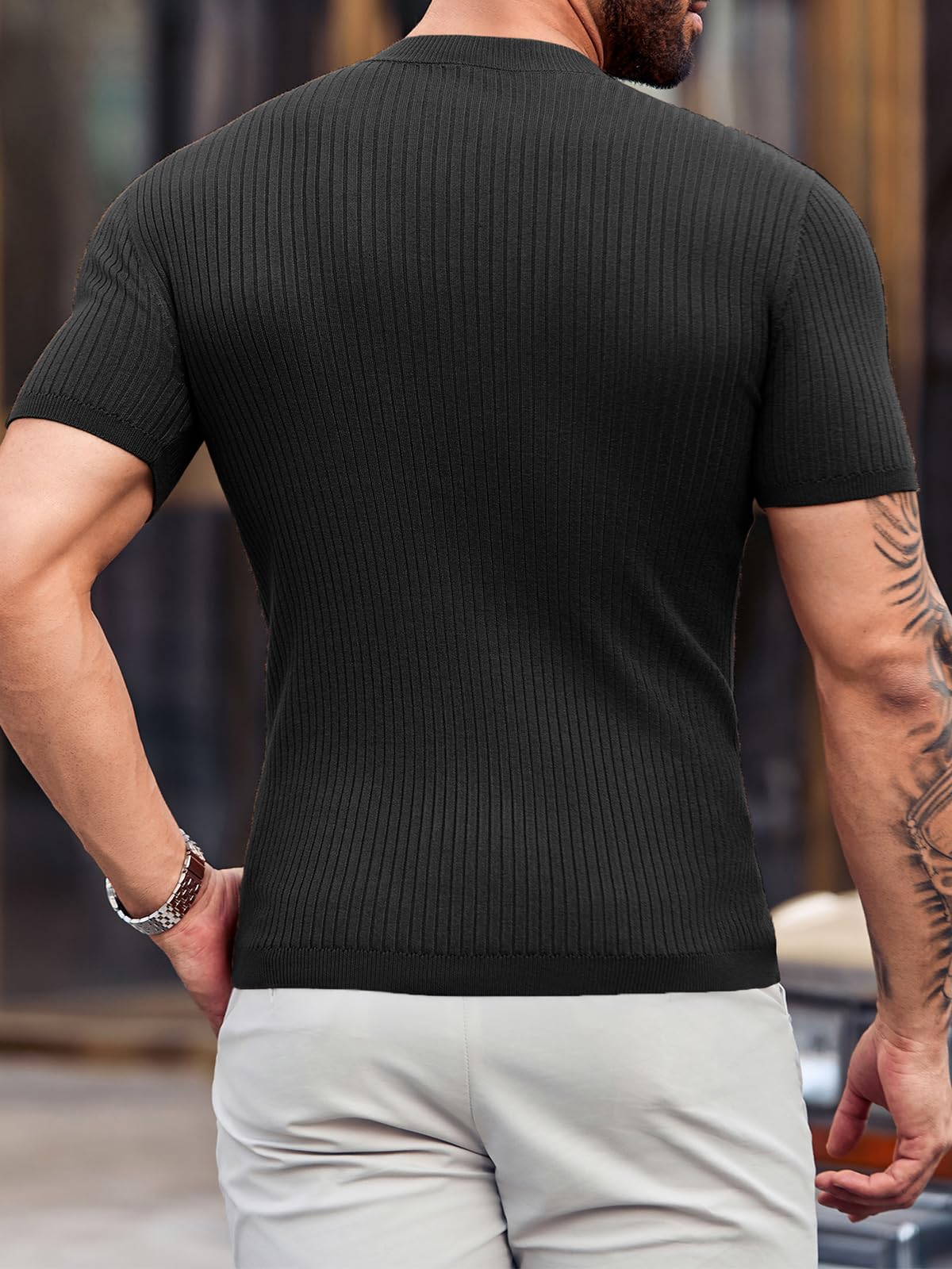 Mens Casual Slim Fit Basic Tops Short Sleeve Shirt Turtleneck T Shirts Rib Knitted Stretch Pullover Sweater