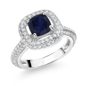 gem stone king 925 sterling silver blue sapphire and white moissanite engagement ring for women (1.93 cttw, cushion 6mm, gemstone september birthstone, available in size 5, 6, 7, 8, 9)