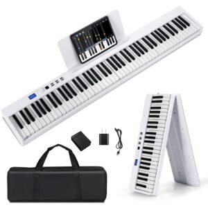 costzon 88-key foldable digital piano keyboard, full size semi-weighted keyboard, portable electric piano w/midi, split function, sustain pedal & carrying bag for beginner (white)