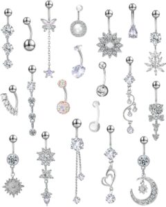 junkin 20 pcs 14g 316l stainless steel dangle belly button rings silver rhinestone belly button jewelry navel piercing belly jewelry for women