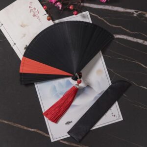 na chinese style full bamboo fan women japanese antique black folding fan small hanfu dance fan easy closure (black clip red), 18cm