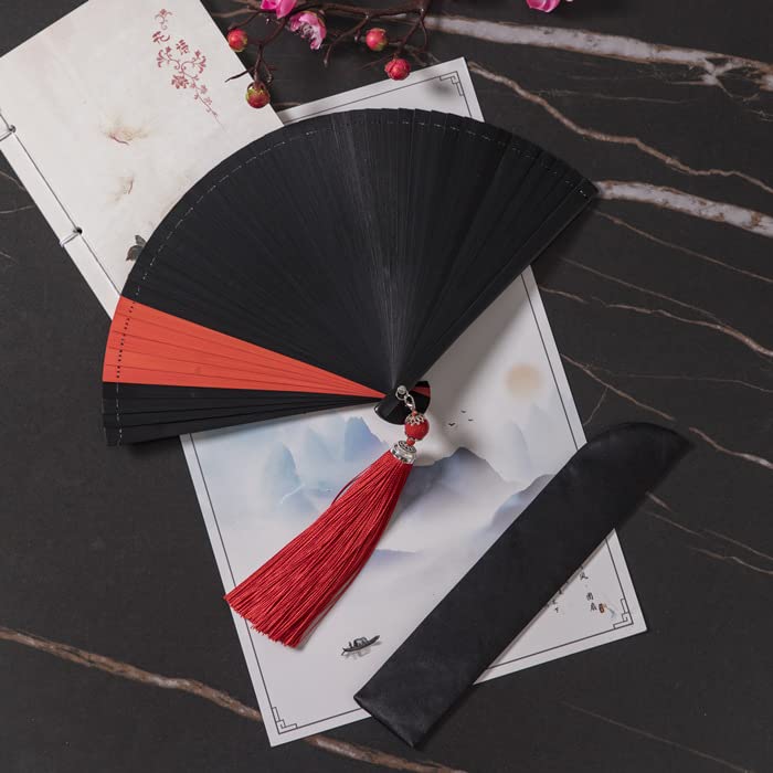 NA Chinese Style Full Bamboo Fan Women Japanese Antique Black Folding Fan Small Hanfu Dance Fan Easy Closure (Black Clip Red), 18CM