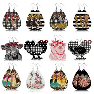 stology faux leather spring summer earrings for women farm animals earrings set of 12, easter funny bunny cow chicken pig teardrop dangle earrings bulk country plaid jewelry fashion accessory