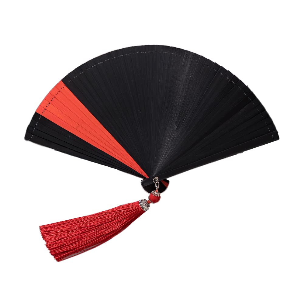 NA Chinese Style Full Bamboo Fan Women Japanese Antique Black Folding Fan Small Hanfu Dance Fan Easy Closure (Black Clip Red), 18CM