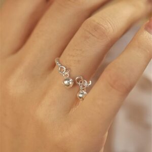 Dainty Ball Bell 925 Sterling Silver Adjustable Open Ring for Women Girls Expandable Boho Twisted Statement Finger Rings Comfort Fit Cute Charms Dangle Jewelry Christmas BFF Gift