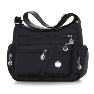 nylon crossbody bags for women multiple pockets shoulder purses small ladies satchel purse with adjustable strap black