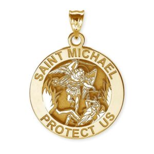 picturesongold.com st michael pendant - saint michael pendant religious medal necklace - 1 inch size of a quarter in yellow gold filled - includes 18 inch chain (necklace + engraving)