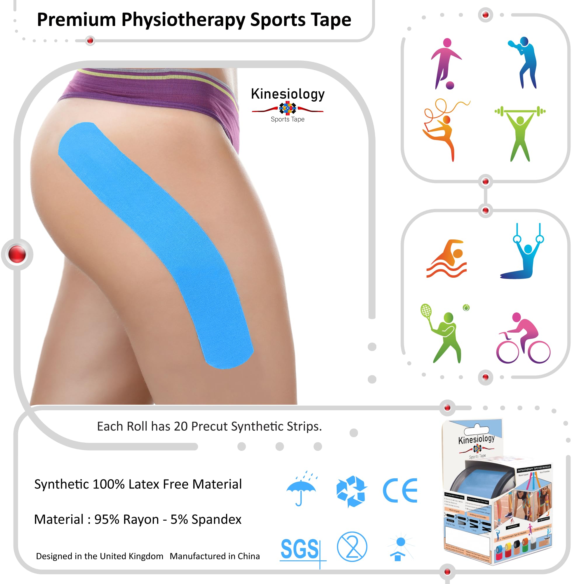 Kinesiology Tape Precut with Dispenser - Synthetic Sports Muscle Tape - Blue - 5m Roll - 20 Strips - Physiotherapy Tape for Face, Neck, Shoulder, Back, Elbow, Wrist, Knee, Calf & Ankle