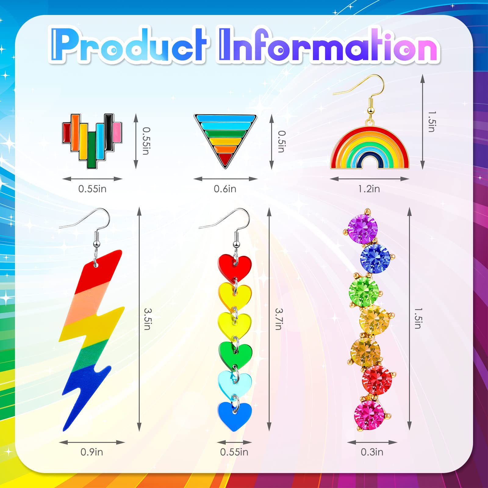 6 Pairs Rainbow Earrings Pride Earrings Rainbow Mesh Drop Clip On Earrings Lightweight Chain Rainbow Earrings Love Wins Dangle Post Earrings Round Heart Rainbow Drop Earrings for Women (Cute Style)