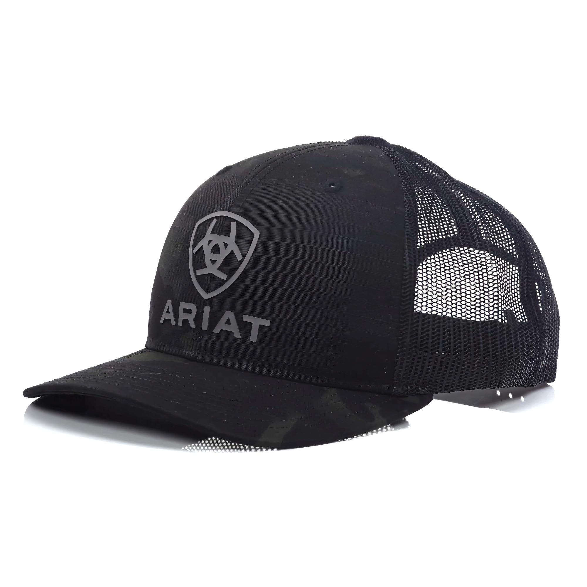 ARIAT Men's Richardson 112 Cap, Black Camo with Rubber Logo, Mesh Back, Snapback Closure, One Size