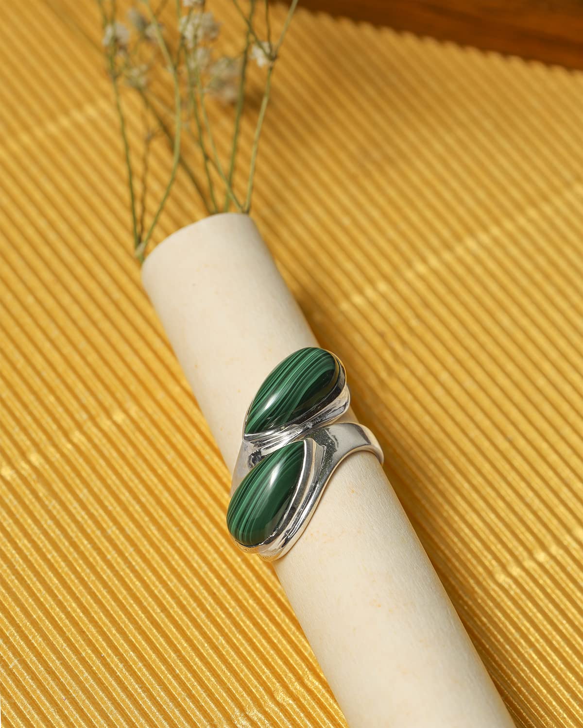 YoTreasure Malachite Solid 925 Sterling Silver Bypass Ring Jewelry