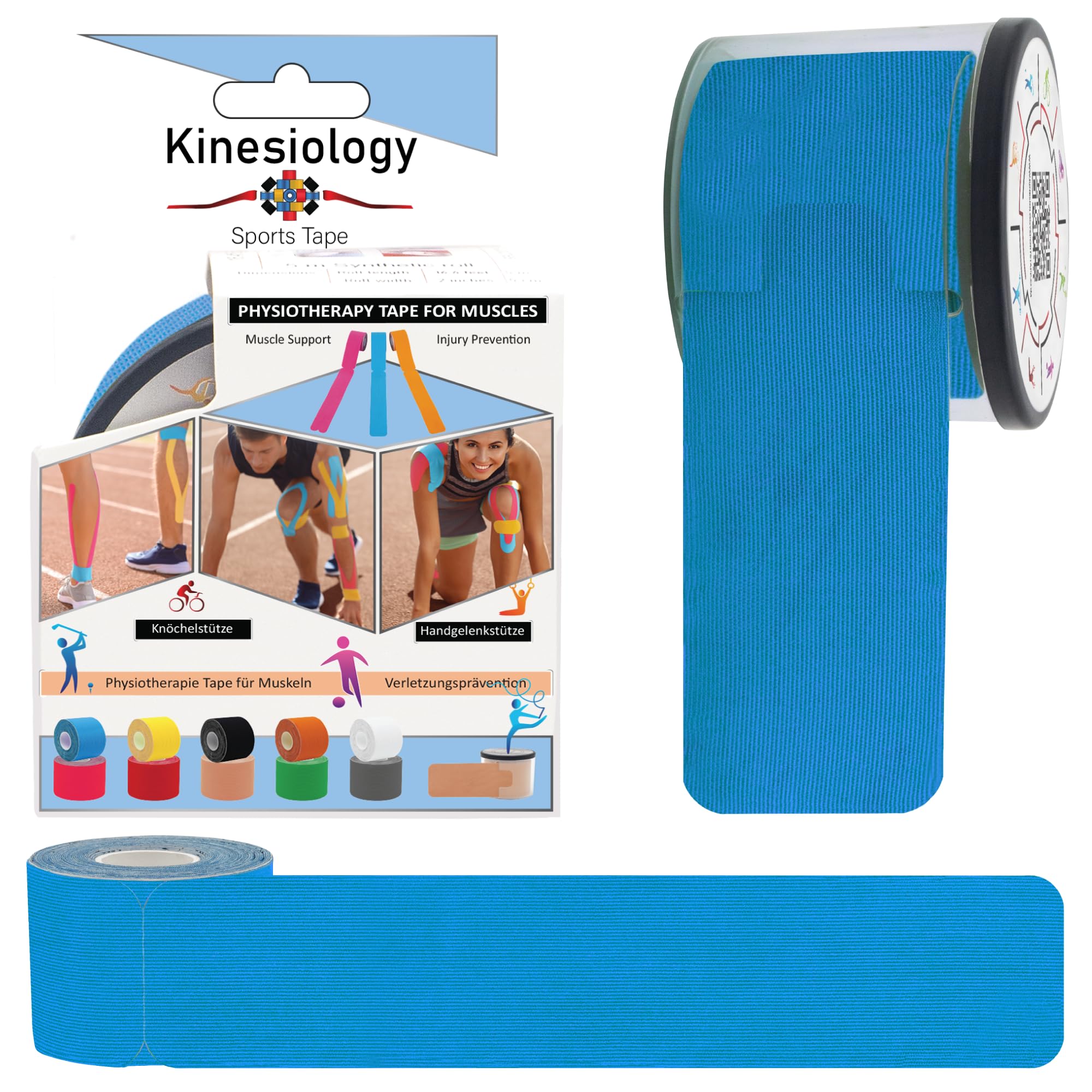 Kinesiology Tape Precut with Dispenser - Synthetic Sports Muscle Tape - Blue - 5m Roll - 20 Strips - Physiotherapy Tape for Face, Neck, Shoulder, Back, Elbow, Wrist, Knee, Calf & Ankle