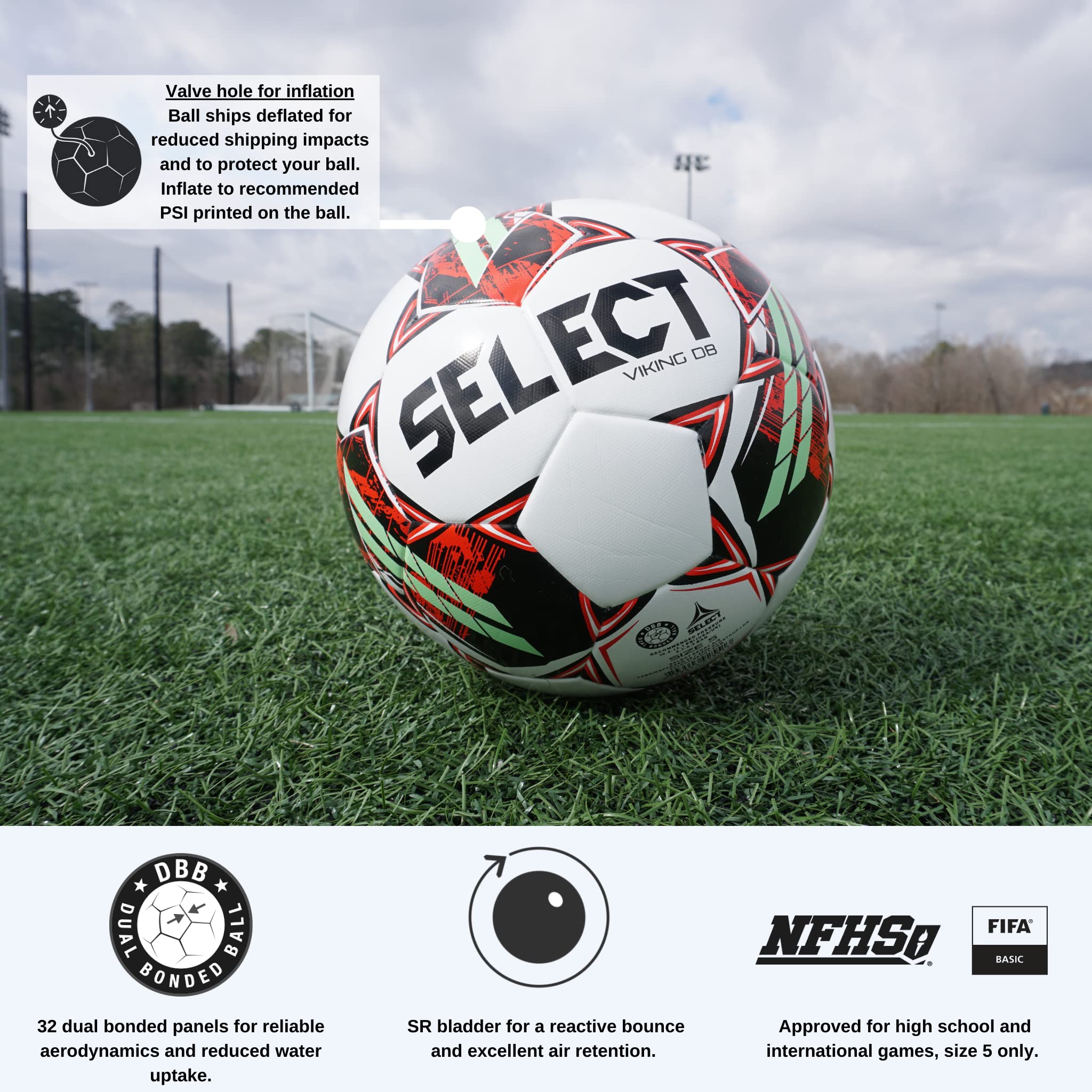 SELECT Viking DB Soccer Ball, White/Red/Green V22, Size 5