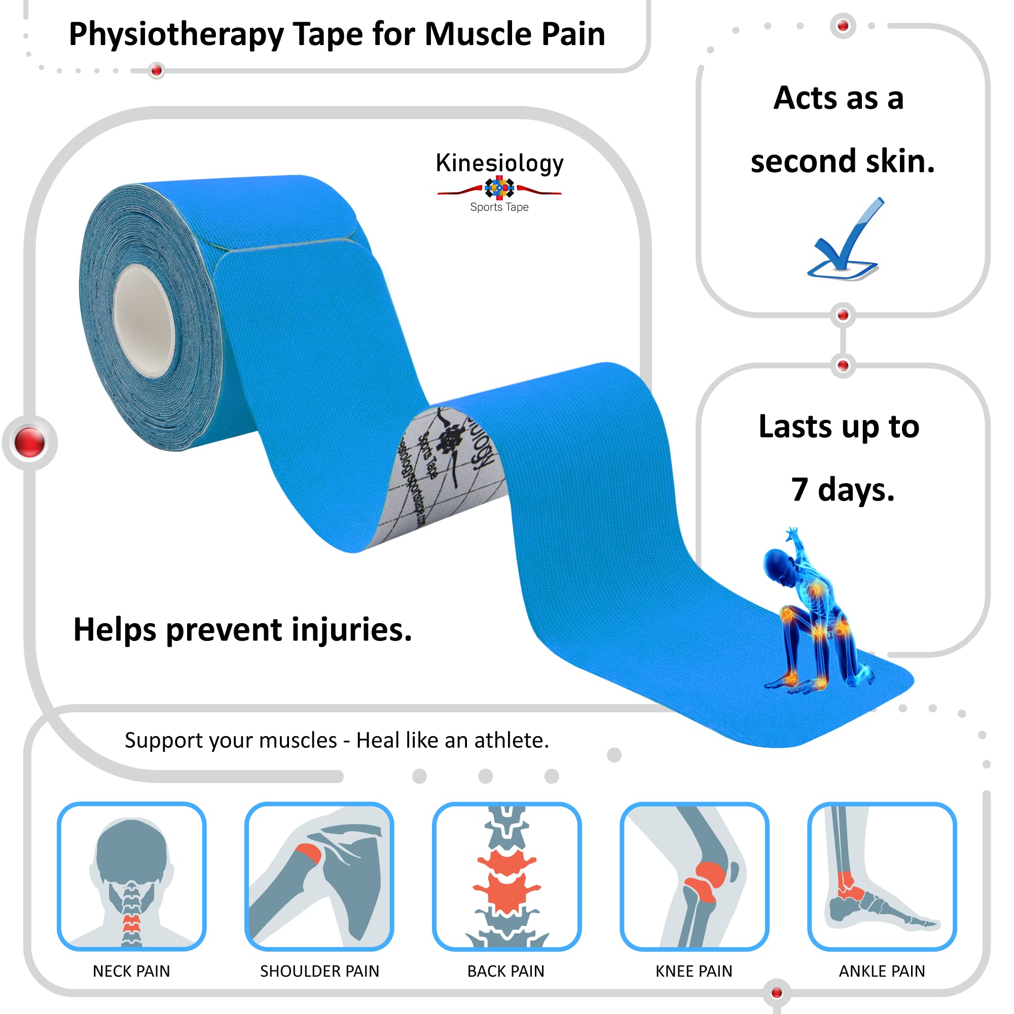 Kinesiology Tape Precut with Dispenser - Synthetic Sports Muscle Tape - Blue - 5m Roll - 20 Strips - Physiotherapy Tape for Face, Neck, Shoulder, Back, Elbow, Wrist, Knee, Calf & Ankle