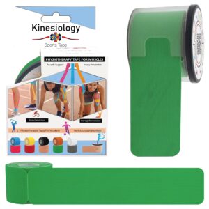 kinesiology tape precut with dispenser - synthetic sports muscle tape - green - 5m roll - 20 strips - physiotherapy tape for face, neck, shoulder, back, elbow, wrist, knee, calf & ankle