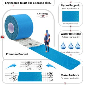 Kinesiology Tape Precut with Dispenser - Synthetic Sports Muscle Tape - Blue - 5m Roll - 20 Strips - Physiotherapy Tape for Face, Neck, Shoulder, Back, Elbow, Wrist, Knee, Calf & Ankle