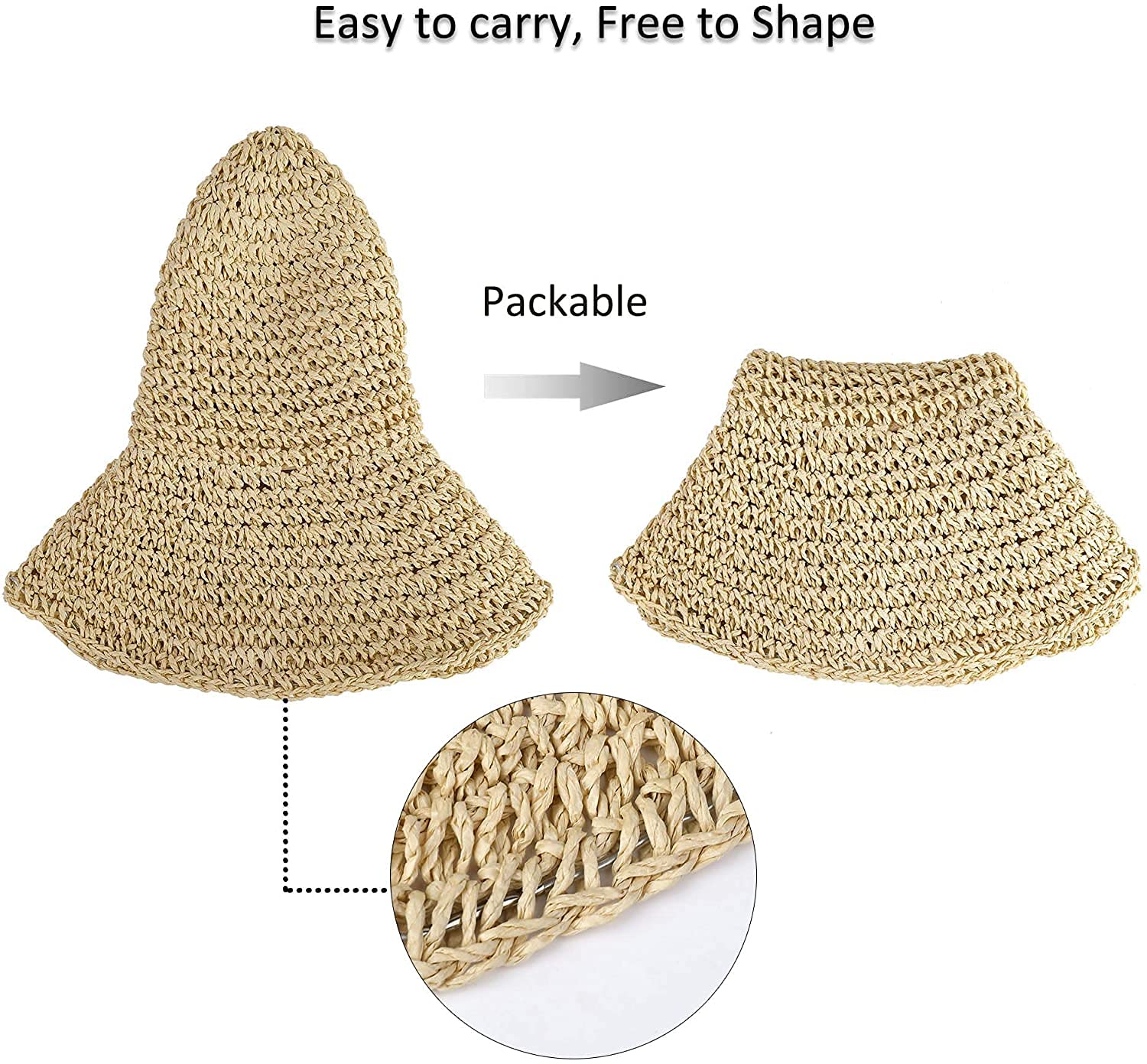 Women Straw Hat Wide Brim Beach Sun Cap Foldable Large Lady Floppy 100% Natural Paper Braided for Travel Decoration Summer Vacation Soft Lightweight and Breathable (Beige)