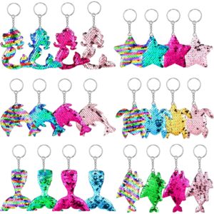 24 pcs mermaid sequin keychains ocean theme kids keychains tropical rainforest theme keychains reversible girls christmas party favor key chains glitter key chains for adults kid (ocean style)