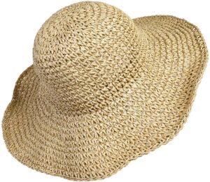 women straw hat wide brim beach sun cap foldable large lady floppy 100% natural paper braided for travel decoration summer vacation soft lightweight and breathable (beige)