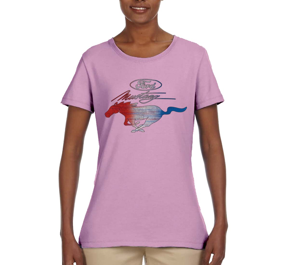 Ford Mustang Shirt USA Flag Mustang Emblem Cars and Trucks Womens Graphic T-Shirt, Light Pink, Medium