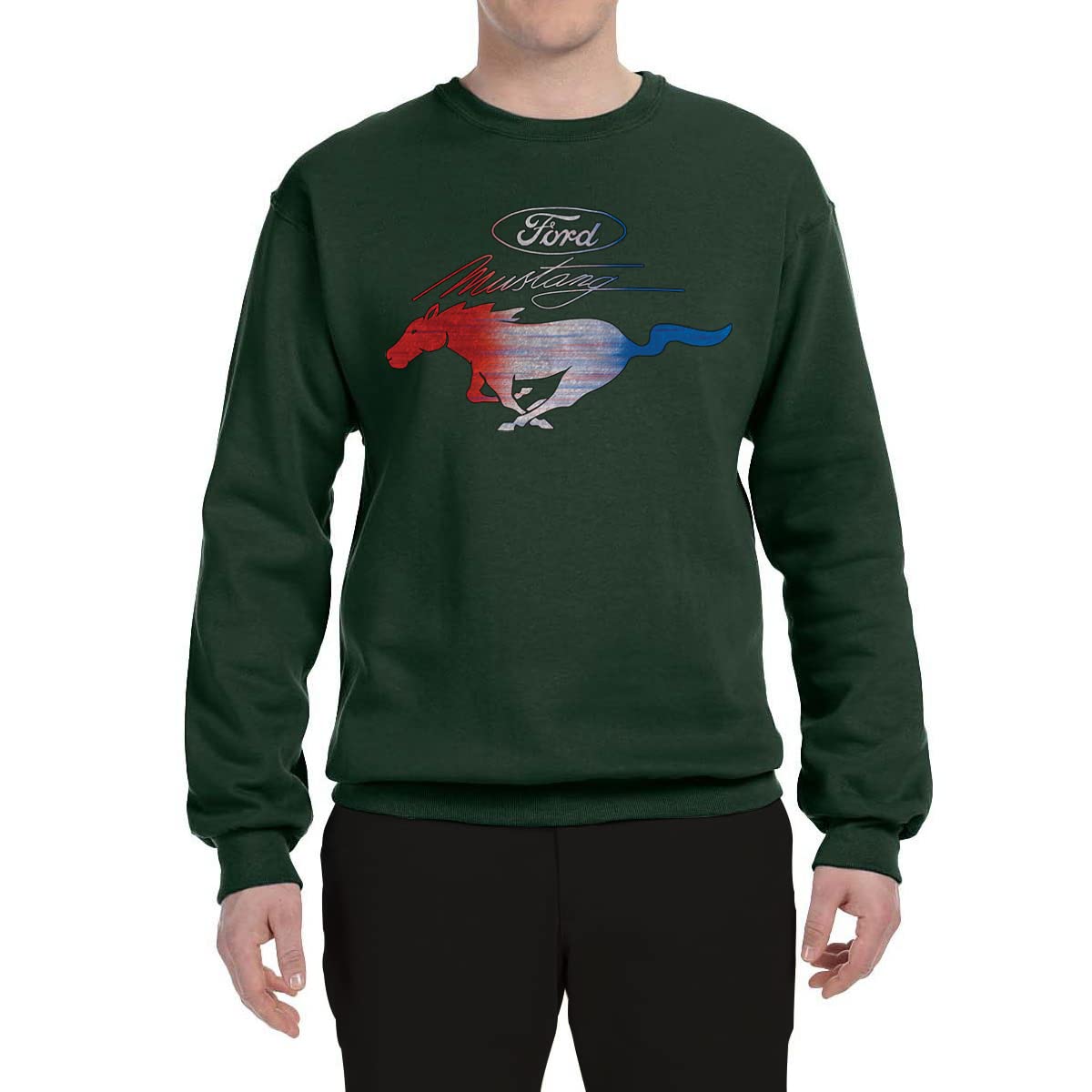 Wild Bobby Ford Mustang Shirt USA Flag Mustang Emblem Cars and Trucks Unisex Crewneck Graphic Sweatshirt, Forest Green, Small