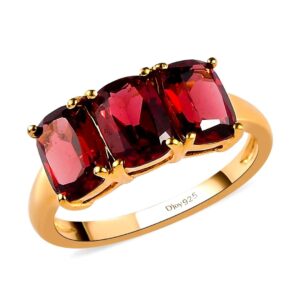 shop lc garnet ring - natural cut garnet gemstones set in 14k yellow gold plated 925 sterling silver - three stone engagement promise trilogy rings for women costume jewelry for women