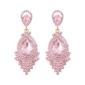 long full pink rhinestone crystal dangle chandelier drop earrings fashion jewelry (style07)