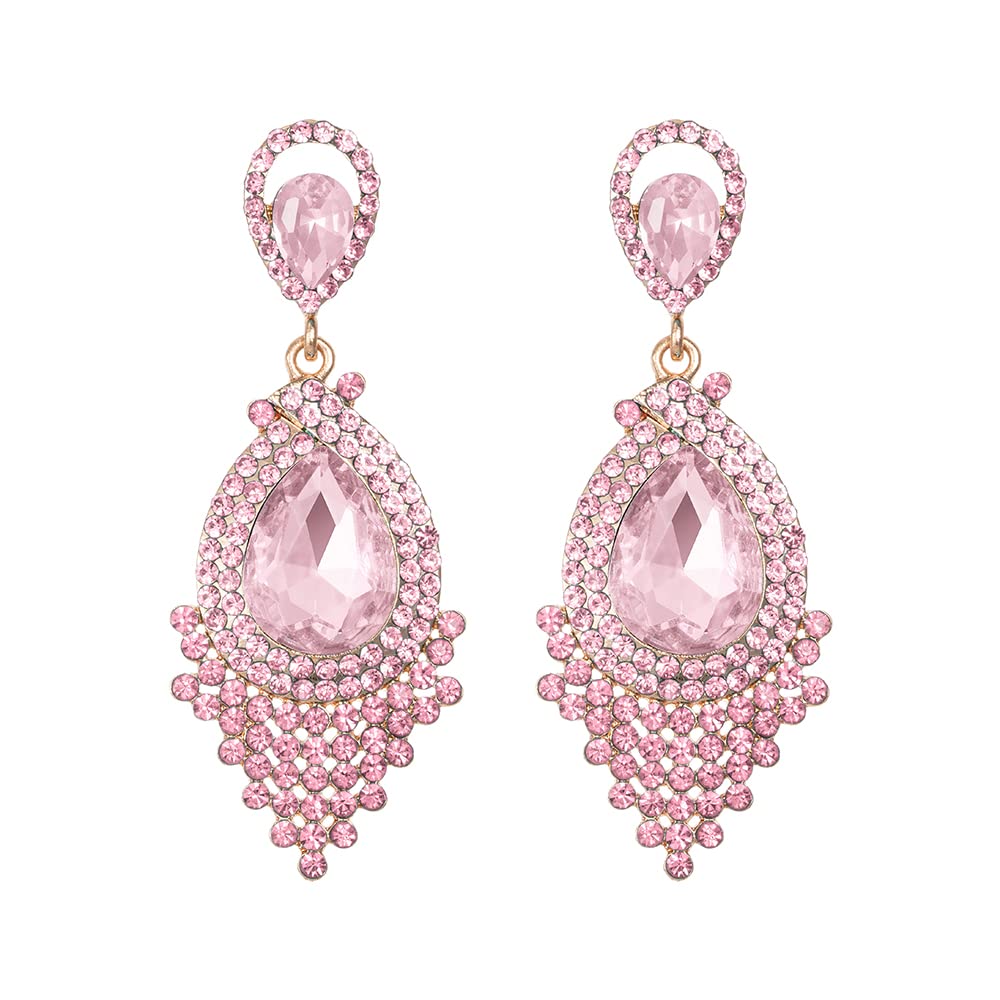 Long Full Pink Rhinestone Crystal Dangle Chandelier Drop Earrings Fashion Jewelry (Style07)