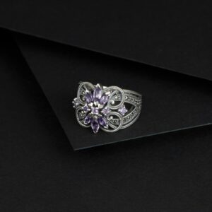 Gemondo USA 925 Sterling Silver Marquise Cut Amethyst & Marcasite Art Nouveau Ring