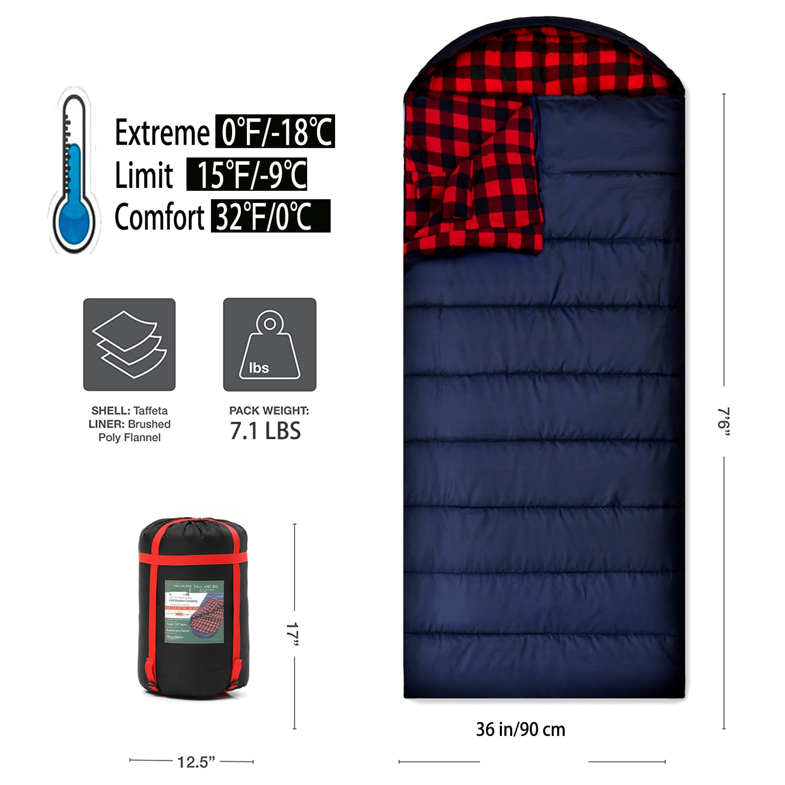 PALLYGO 0 Degree Sleeping Bag Cotton Flannel Sleeping Bags for Adults Cold Weather Camping Winter Zero Degree Warm Weather Big and Tall Right Zip