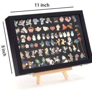 Wowagoga 11x8 Inch Dustproof Enamel Pin Display Case Shadow Box Frame with Hooks for Military Medal Jewelry Pin Badge Collection, Black