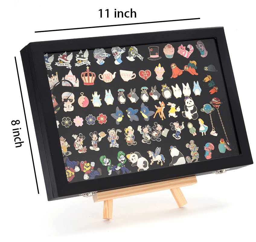 Wowagoga 11x8 Inch Dustproof Enamel Pin Display Case Shadow Box Frame with Hooks for Military Medal Jewelry Pin Badge Collection, Black