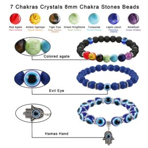 Ubjuliwa 10pcs Evil Eye Bracelet for Women Men Hamsa Blue Evil Eye Beaded Charm Stretch Bracelet Hand of Fatima Turkish Protection Bracelet Chakra Evil Eye Jewelry Gift