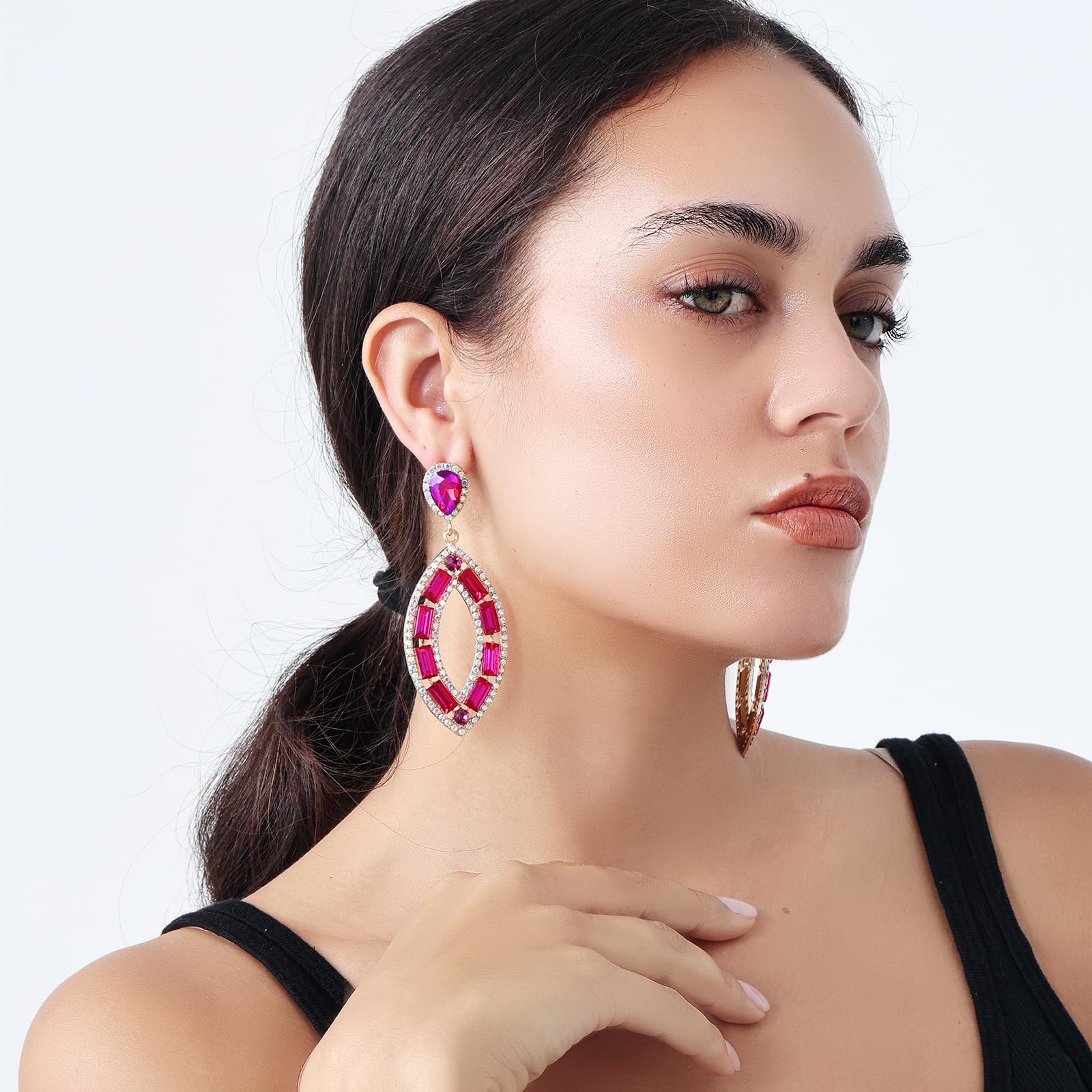 KELMALL Teardrop Rhinestone Earrings for Women Crystal Geometric Water drop Dangle Statement Earrings-Rose Pink